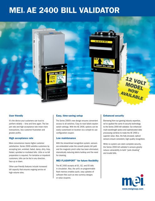 MEI AE 2400 Bill Validator Specifications (PDF) - Suzo-Happ