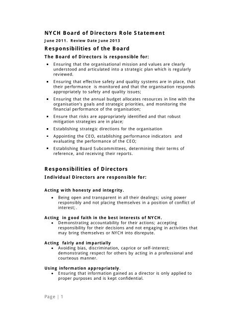 NYCH Board of Directors Role Statement Responsibilities of the ...