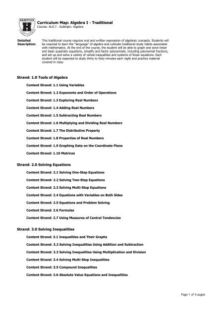 Curriculum Map: Algebra I Traditional