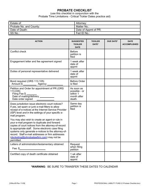 Probate Checklist - Professional Liability Fund