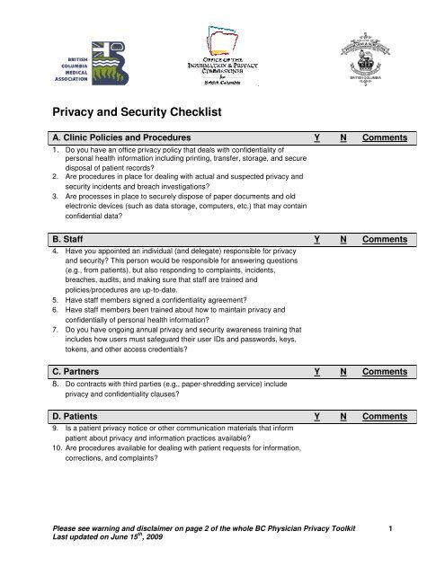 Privacy and Security Checklist