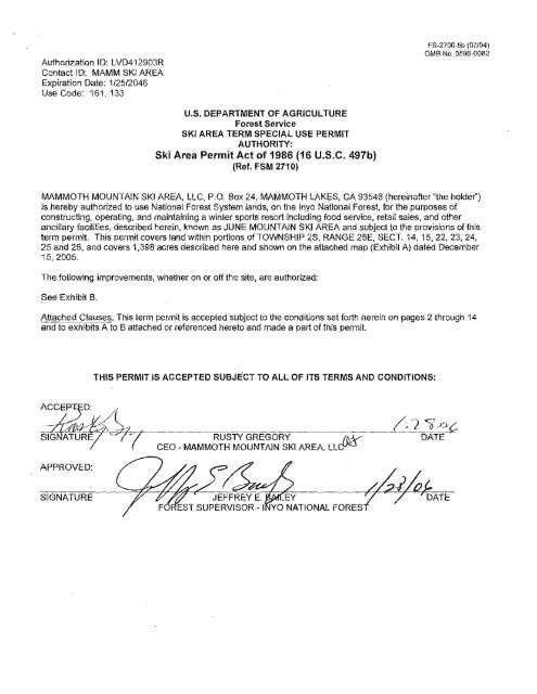 Forest Service use permit for June Mountain Ski area - Mono County