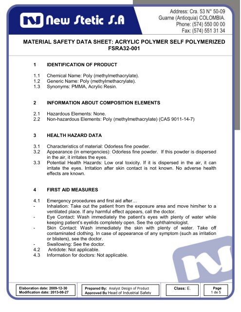 material safety data sheet: acrylic polymer self ... - New Stetic
