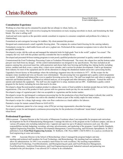 Resume Christo Robberts - University of Minnesota, Crookston