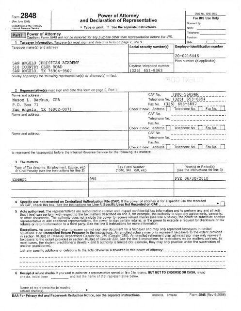 Form 2848 Power of Attorney & Declaration of Representation