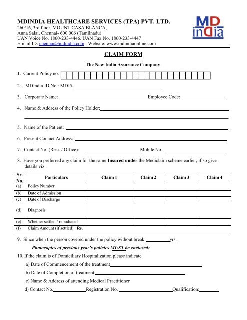 Chennai Claim Form - MDIndia Healthcare Services