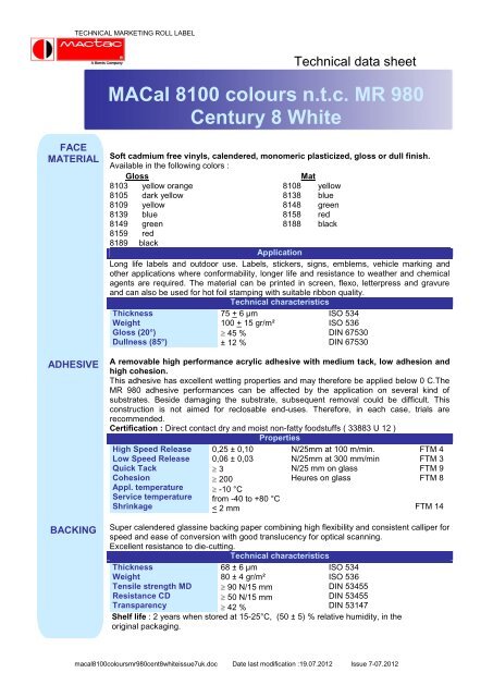 MACal 8100 colours n.t.c. MR 980 Century 8 White - MACtac europe
