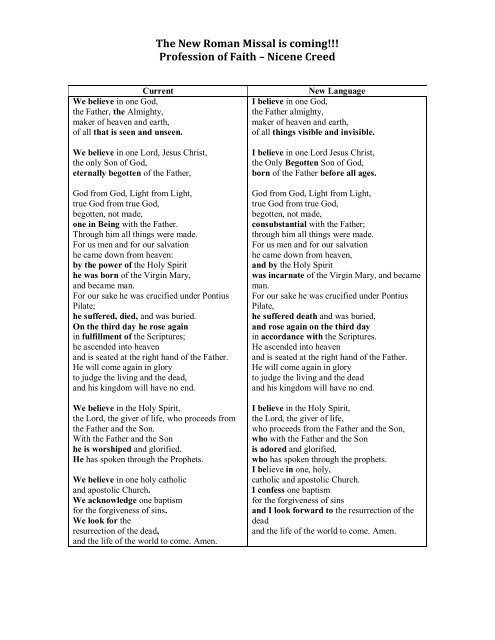 The New Roman Missal is coming!!! Profession of Faith â Nicene ...