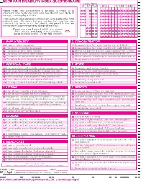 NECK PAIN DISABILITY INDEX QUESTIONNAIRE - Document Plus ...