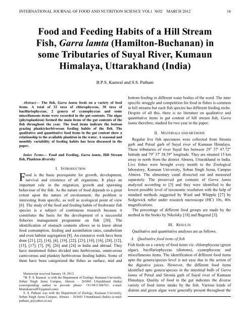 Food and Feeding Habits of a Hill Stream Fish, Garra lamta ...