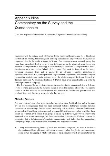 Appendix Nine Commentary on the Survey and the Questionnaire