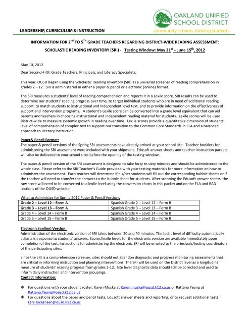 SCHOLASTIC READING INVENTORY (SRI) - Tes