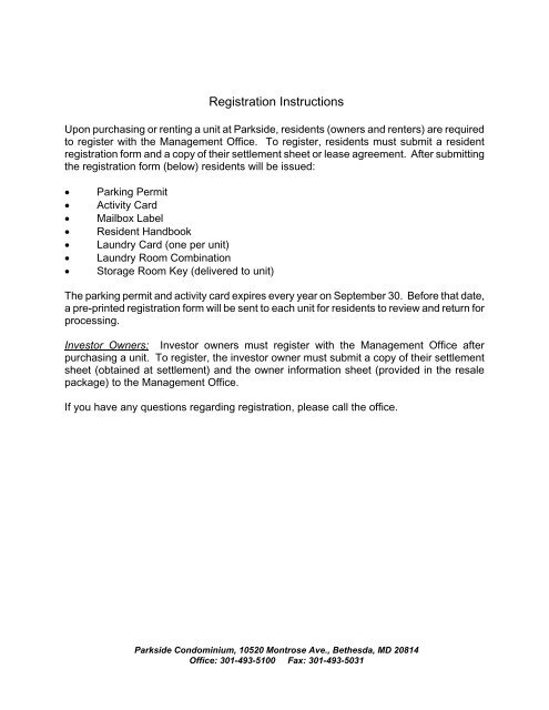 Resident Registration Form - Parkside Condominium