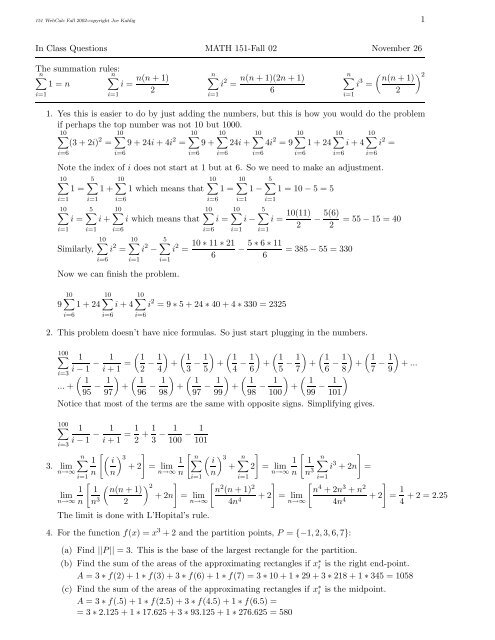 1 In Class Questions MATH 151-Fall 02 November 26 The ... - Calclab