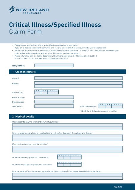 Critical Illness/Specified Illness Claim Form - New Ireland Assurance