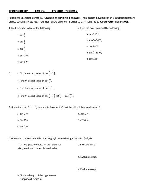 Trigonometry Test #1 Practice Problems