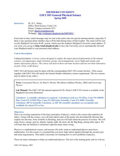 GSCI 103 General Physical Science - Shepherd University Personal ...