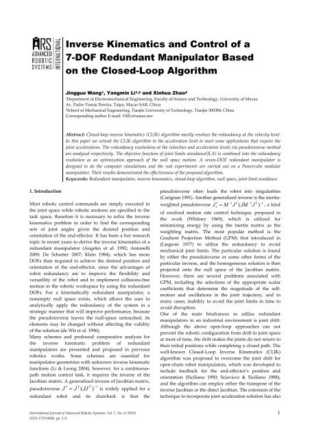 Inverse Kinematics and Control of a 7-DOF Redundant Manipulator ...