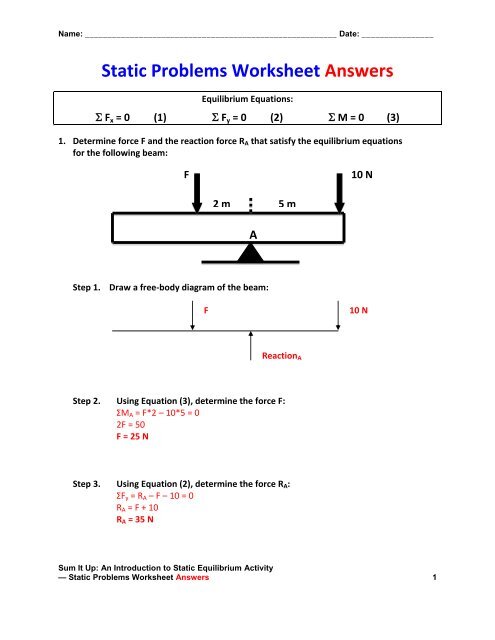 Static Problems Worksheet Answers - Teach Engineering