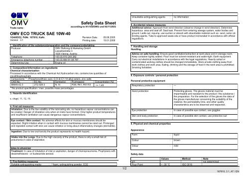 Safety Data Sheet OMV ECO TRUCK SAE 10W-40 - Lubtech
