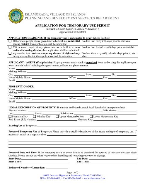 Temporary Use Permit Application - Islamorada, Village of Islands