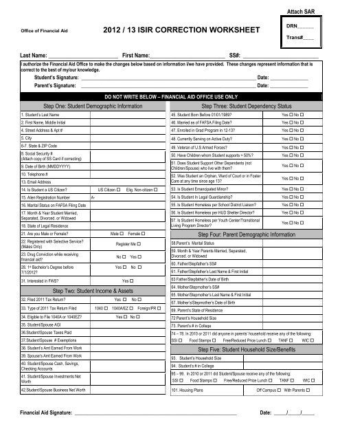 2012 / 13 ISIR CORRECTION WORKSHEET - CUNY