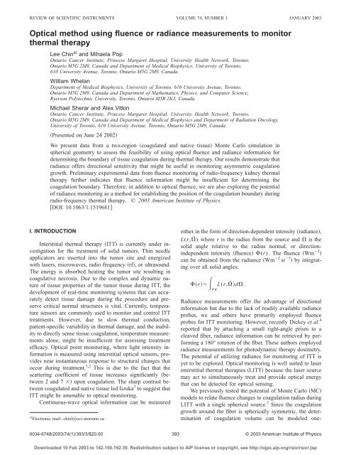 Optical method using fluence or radiance measurements to monitor ...