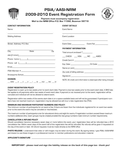 PsIA/AAsI-NRM 2009-2010 Event Registration Form - PSIA-NRM