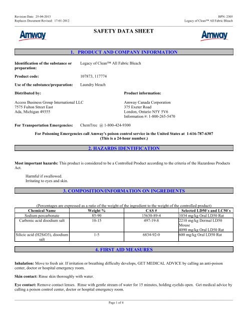 MSDS LOC All Fabric Bleach - Amway