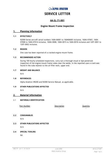 Service Letter - Alpha Aviation