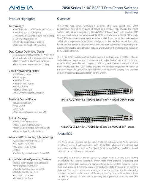 7050 Series 1/10G BASE-T Data Center Switches - Arista 7150 Series