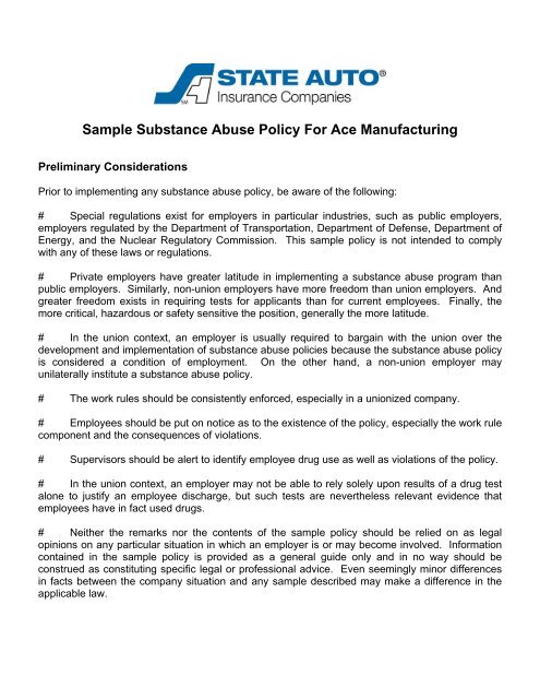 Sample Substance Abuse Policy For Ace Manufacturing - State Auto