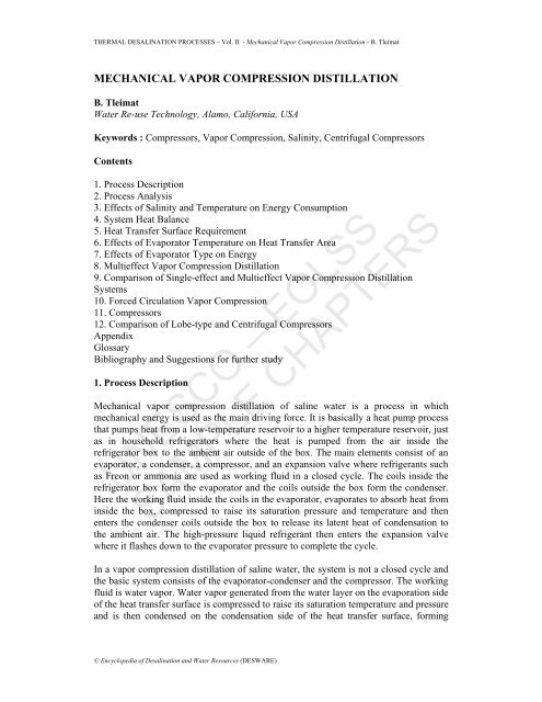 Mechanical Vapor Compression Distillation - Encyclopedia of ...