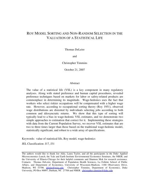 roy model sorting and non-random selection in the valuation of a ...