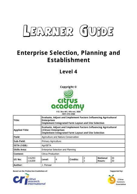 Enterprise Selection, Planning and Establishment Level 4 - AgriSETA
