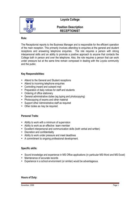 Loyola College Position Description RECEPTIONIST