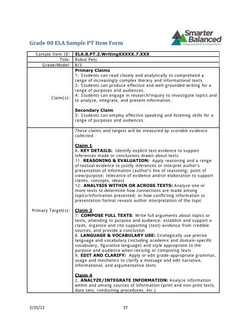 Grade 8 ELA Sample Performance Task Item Form - Pickens ...