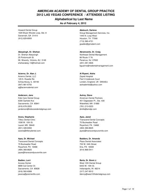 rpt 2012 Conference Attendee List by Attendee Alpha - Aadgp.org