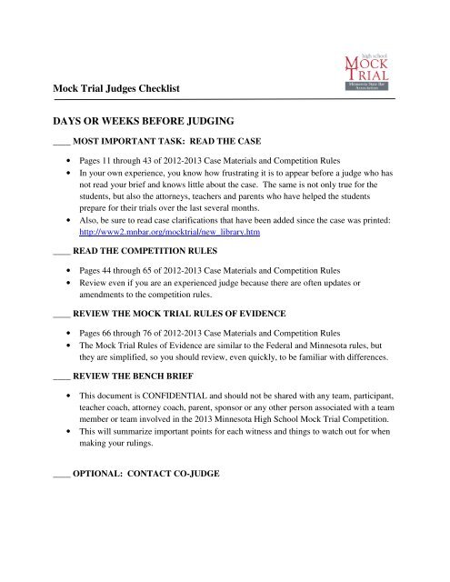 Mock Trial Judges Checklist DAYS OR WEEKS BEFORE JUDGING