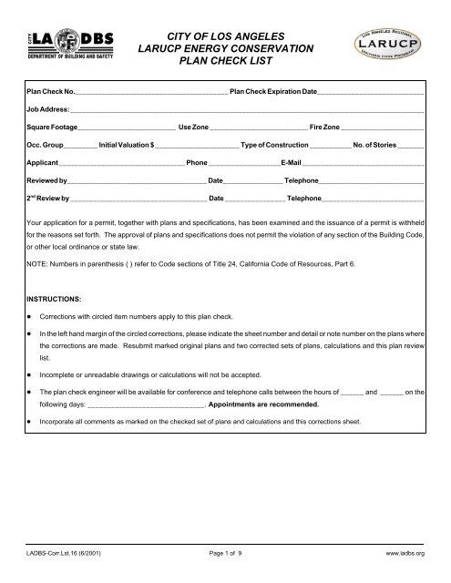 LARUCP Energy Conservation Plan check List - ladbs