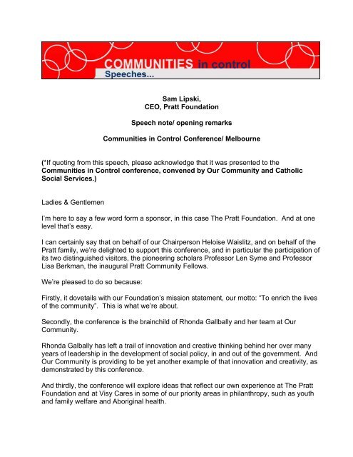 Sam Lipski speech note/ opening remarks - Our Community