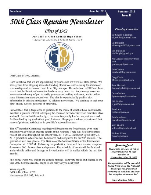 50th Class Reunion Newsletter - Our Lady of Good Counsel High ...