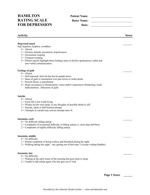 Hamilton Rating Scale for Depression - Internet Stroke Center