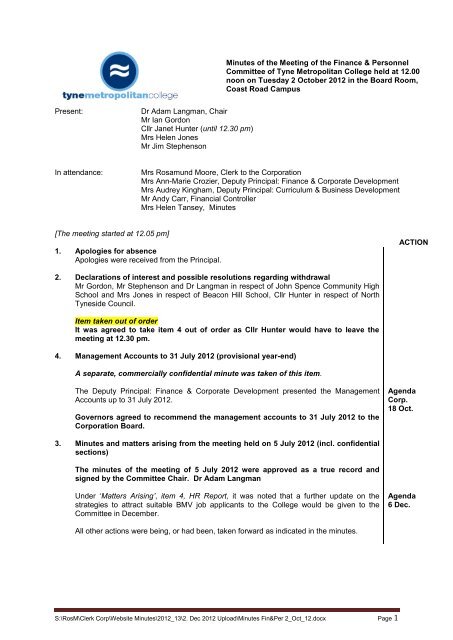 Format for Governors Meeting Minutes - Tyne Metropolitan College
