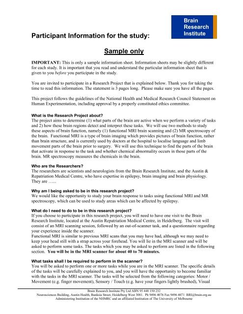 Example information sheet - Brain Research Institute
