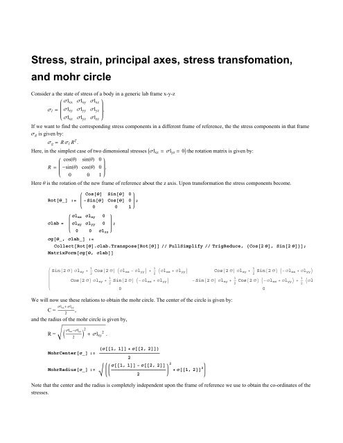 Stress, strain, principal axes, stress transfomation, and mohr circle
