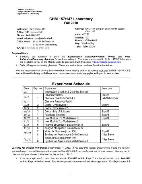 CHM 157/147 Laboratory Experiment Schedule - Oakland University