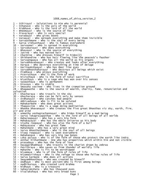 Lord Shiva Names 108 Names Of Shiva Short PDF Vitalcoaching.com