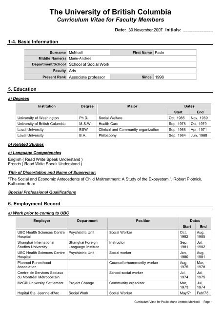 The University of British Columbia Curriculum Vitae for Faculty ...