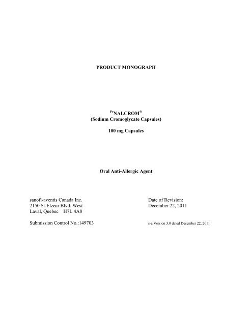 Nalcrom (sodium cromoglycate) - Sanofi Canada